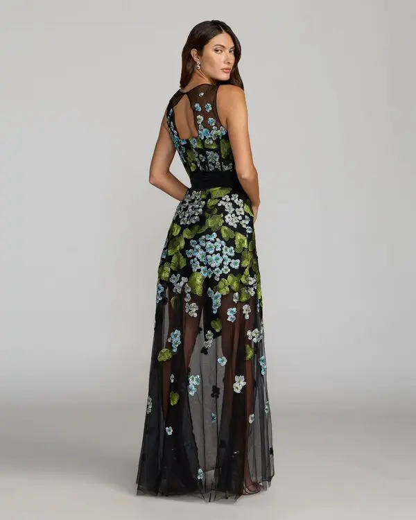 Mac Duggal Floral Embroidered Corset Gown With Bow - Blue Multi