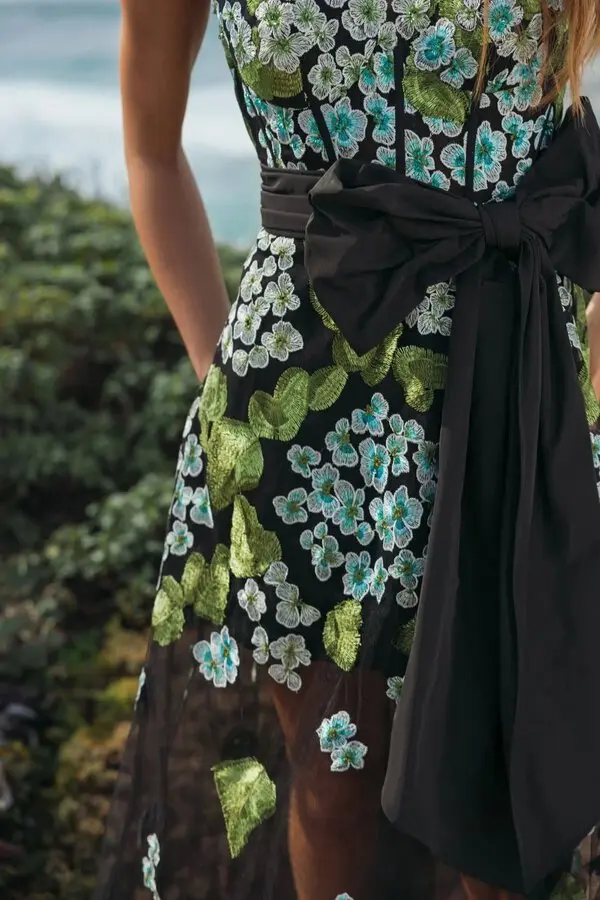 Mac Duggal Floral Embroidered Corset Gown With Bow - Blue Multi