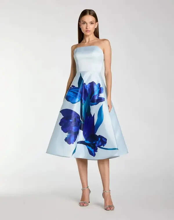 Mac Duggal Strapless Floral Satin Midi Dress