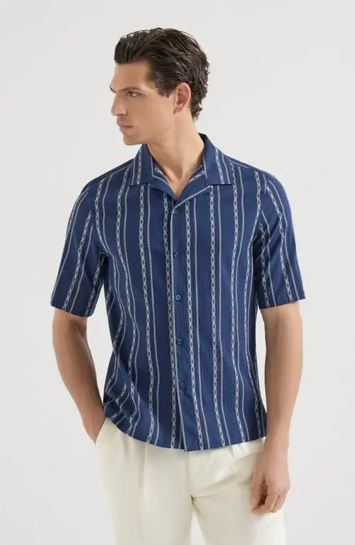 Brunello Cucinelli Seersucker Short Sleeve Shirt - Navy Blue