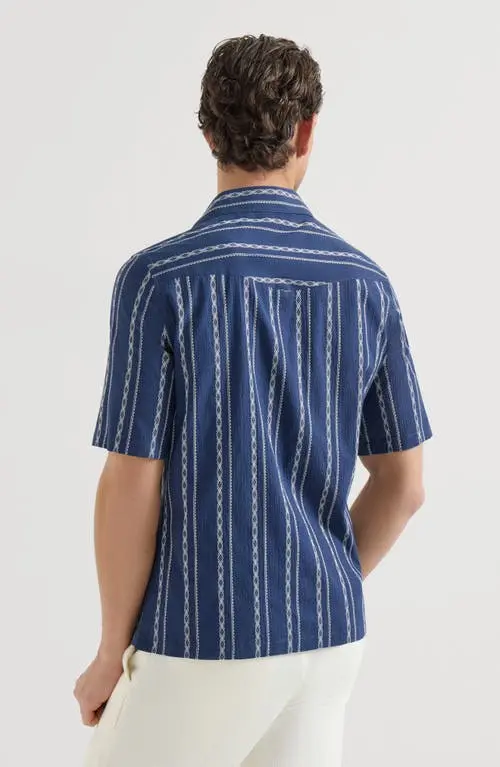 Brunello Cucinelli Seersucker Short Sleeve Shirt - Navy Blue