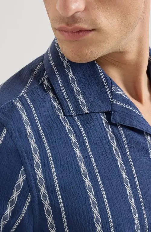 Brunello Cucinelli Seersucker Short Sleeve Shirt - Navy Blue