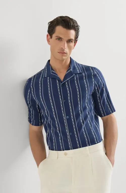 Brunello Cucinelli Seersucker Short Sleeve Shirt - Navy Blue