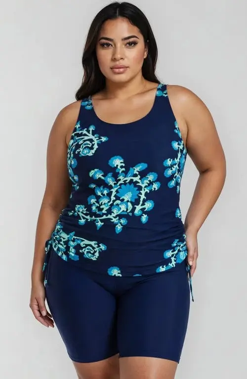 CALYPSA Maya Tankini Swim Top With Built-in Bra And High Waisted Long Bike Swim Shorts - Barbados Blue