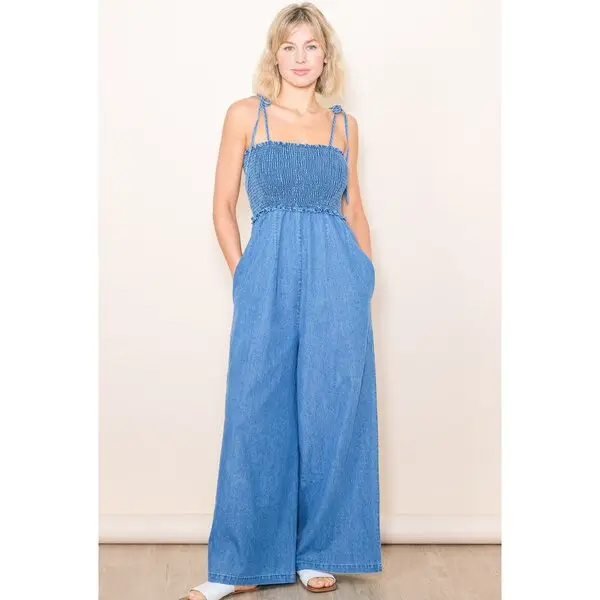 PINKBLUSH Chambray Shoulder Tie Smocked Jumpsuit - Blue