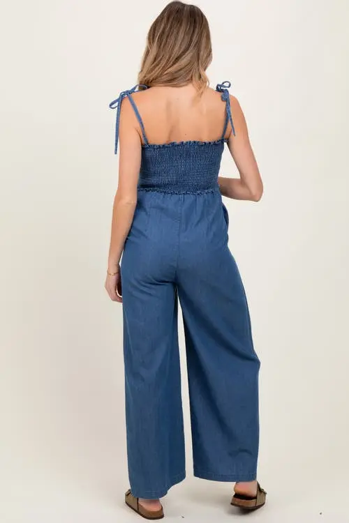 PINKBLUSH Chambray Shoulder Tie Smocked Jumpsuit