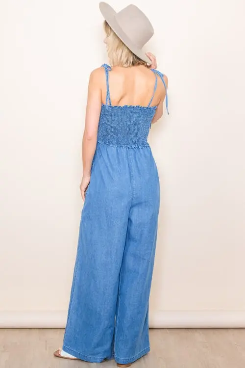 PINKBLUSH Chambray Shoulder Tie Smocked Jumpsuit