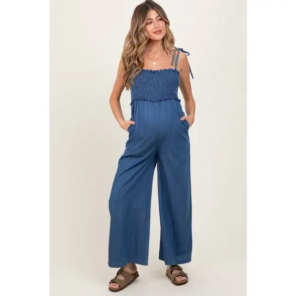 PINKBLUSH Chambray Shoulder Tie Smocked Jumpsuit - Blue