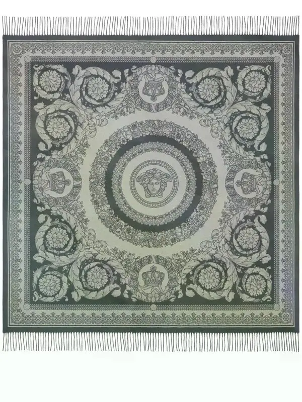 Versace Crete De Fleur-pattern Fringed Blanket - Grey