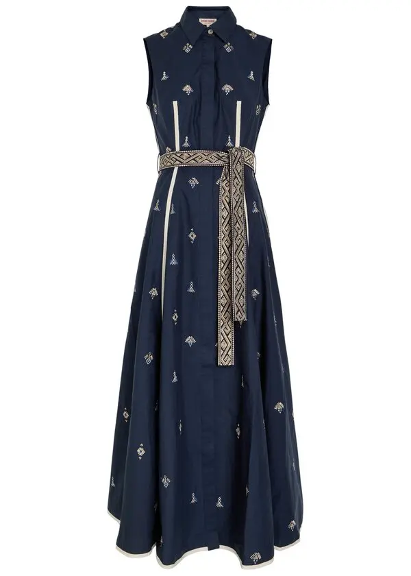 EMPORIO SIRENUSE Embroidered Cotton-poplin Midi Dress - Navy