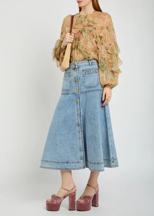 Zimmermann Panelled Denim Midi Skirt - Light Blue