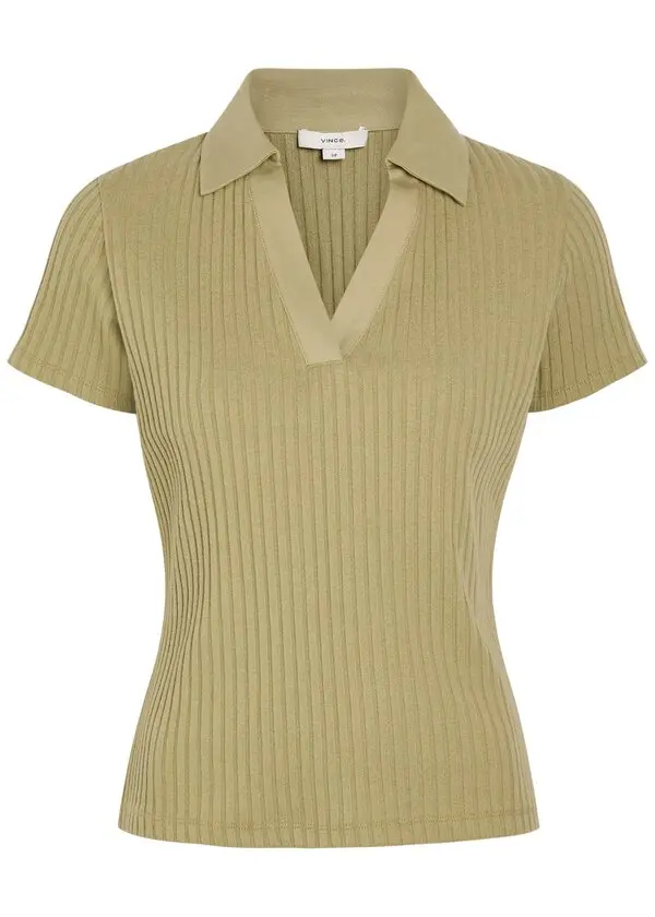 Vince Ribbed Cotton-blend Polo Top - Olive