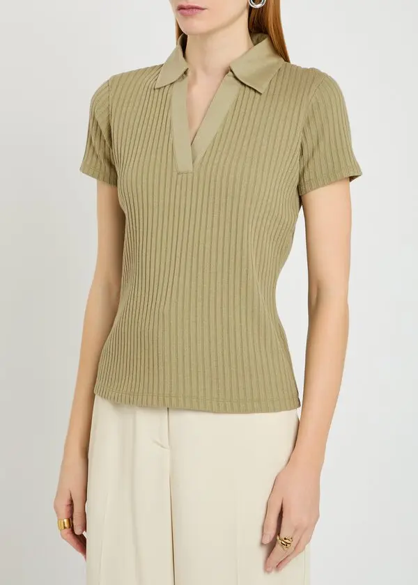 Vince Ribbed Cotton-blend Polo Top - Olive