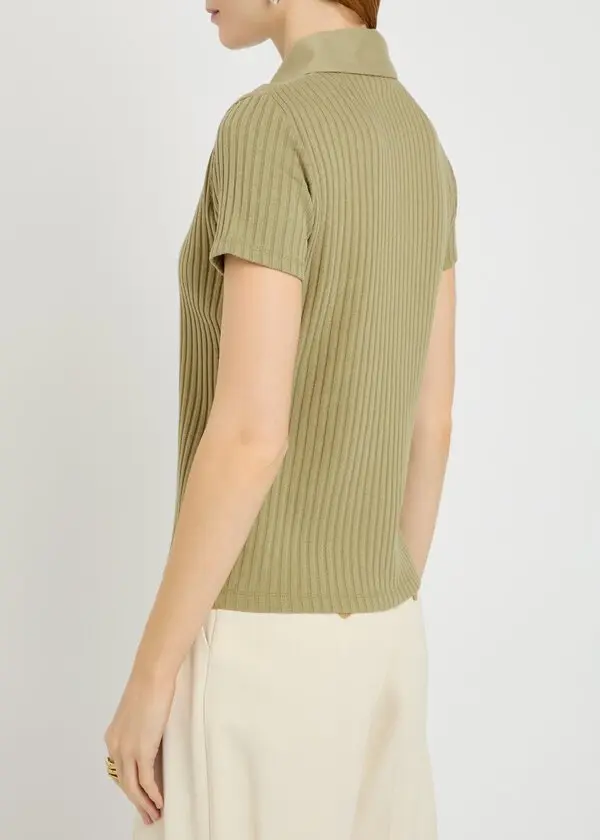 Vince Ribbed Cotton-blend Polo Top - Olive