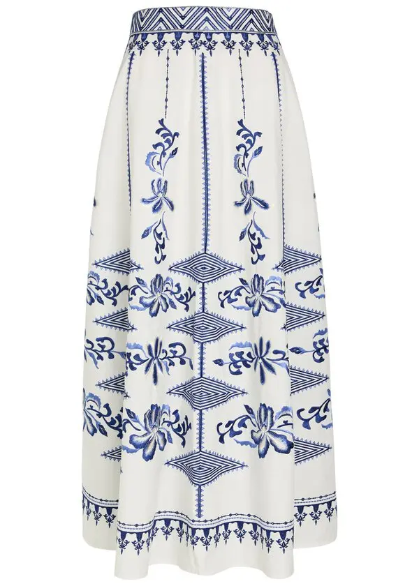 EMPORIO SIRENUSE Embroidered Cotton-poplin Maxi Skirt - White And Blue