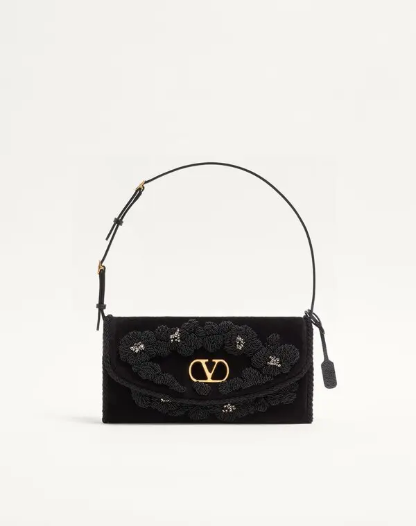 Valentino Garavani Small Embroidered Velvet Shoulder Bag - Black