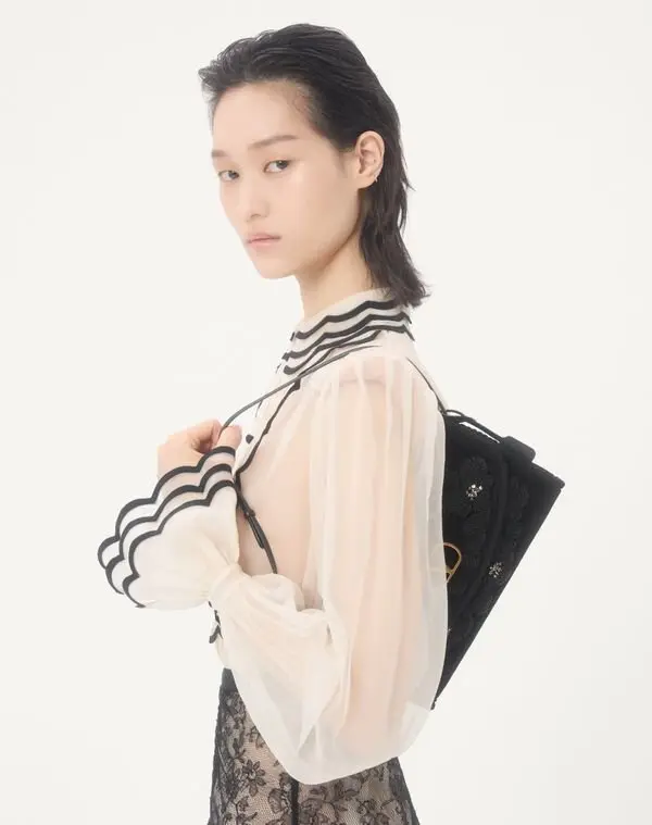 Valentino Garavani Small Embroidered Velvet Shoulder Bag - Black