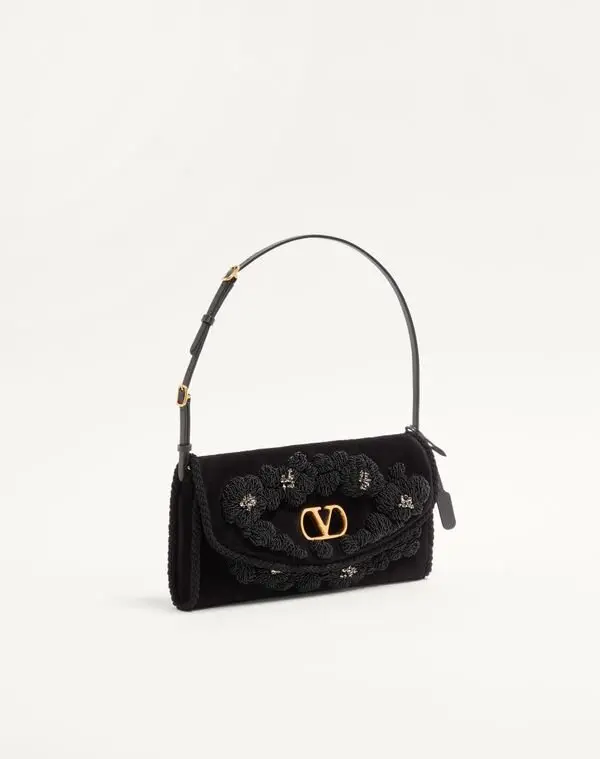 Valentino Garavani Small Embroidered Velvet Shoulder Bag - Black