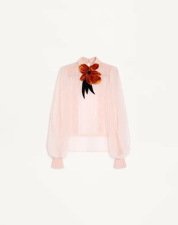Valentino Garavani Embroidered Organza Top With Velvet Flower Appliqu - Pink