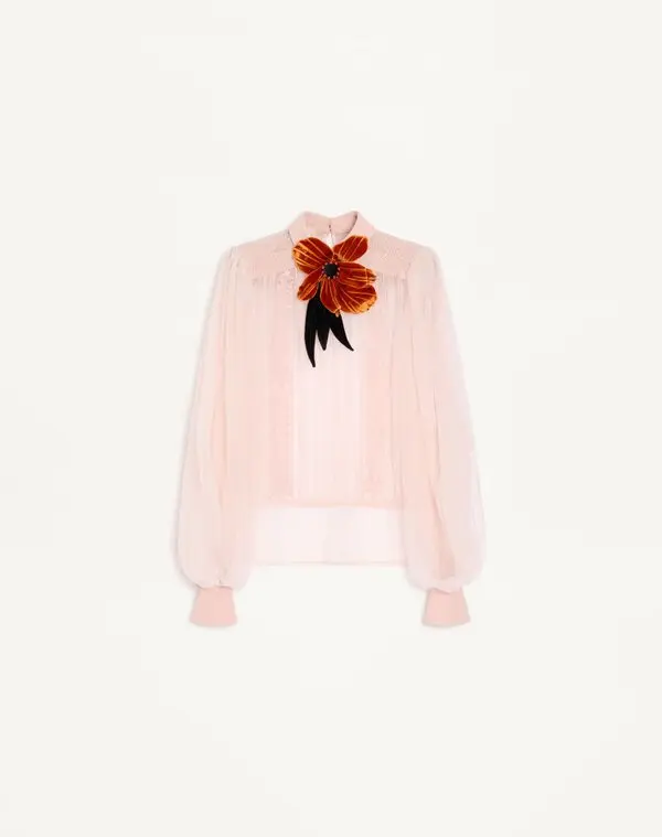 Valentino Garavani Embroidered Organza Top With Velvet Flower Appliqu