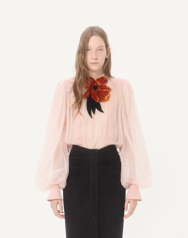 Valentino Garavani Embroidered Organza Top With Velvet Flower Appliqu