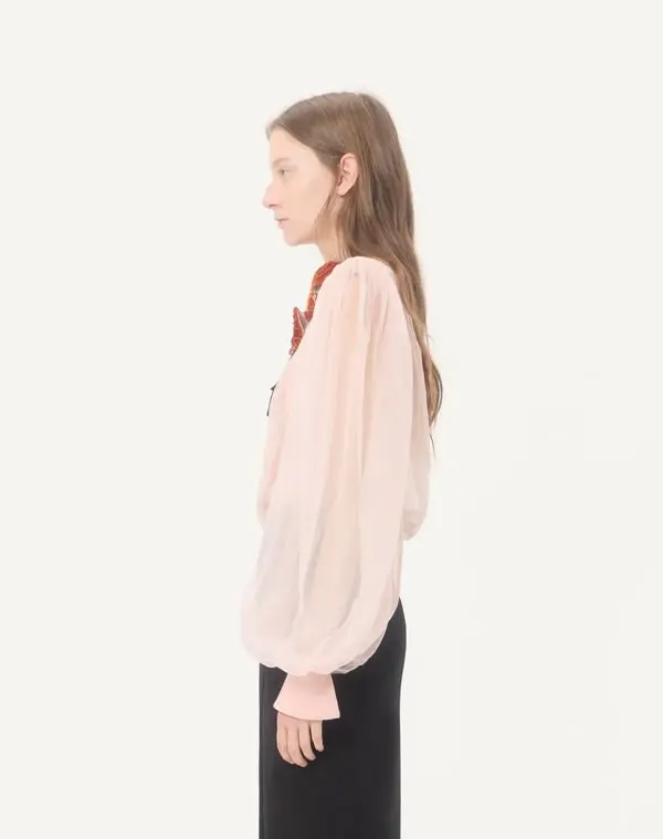 Valentino Garavani Embroidered Organza Top With Velvet Flower Appliqu