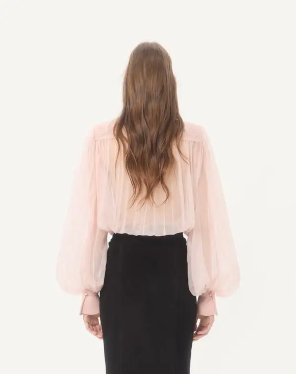 Valentino Garavani Embroidered Organza Top With Velvet Flower Appliqu