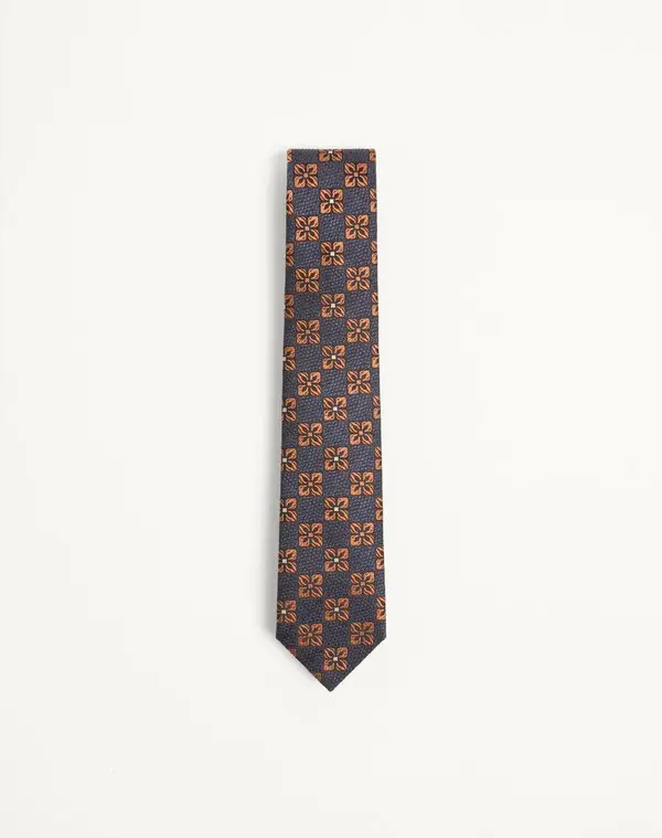 Valentino Garavani Valentie Silk And Jacquard Tie With Design - Blue/hazelnut