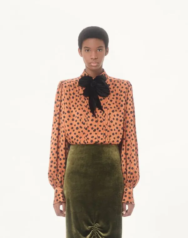 Valentino Garavani Crepe Satin Shirt With Plus De Pois Dalmata Print And Bow Detail - Brown/black