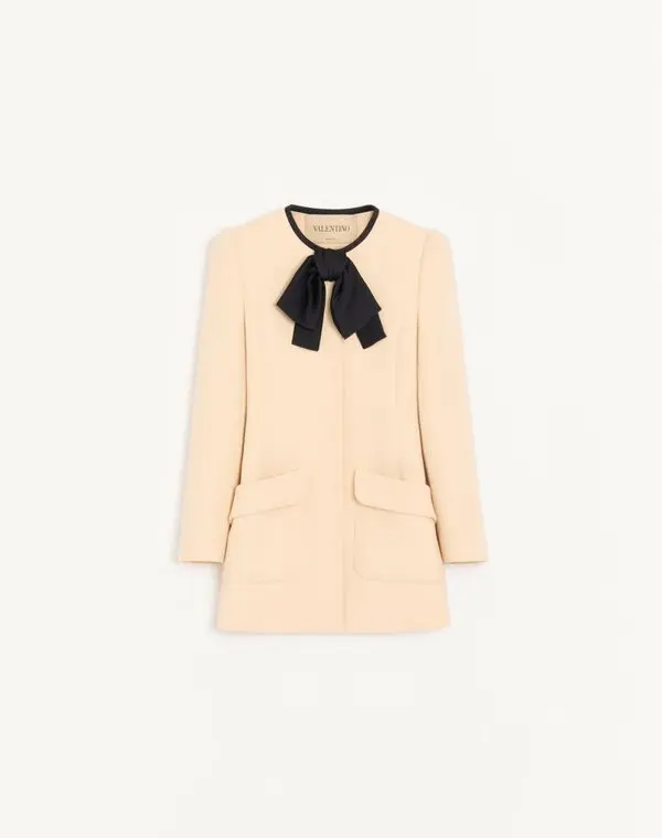 Valentino Garavani Wool Crepe Caban Coat With Satin Bow - Birch/black