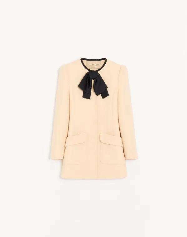 Valentino Garavani Wool Crepe Caban Coat With Satin Bow - Birch/black