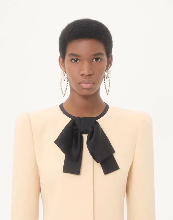 Valentino Garavani Wool Crepe Caban Coat With Satin Bow - Birch/black