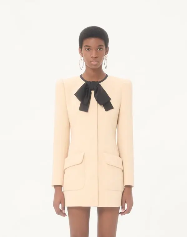 Valentino Garavani Wool Crepe Caban Coat With Satin Bow - Birch/black