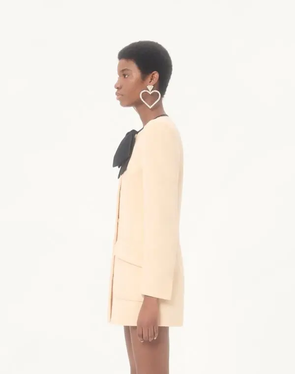 Valentino Garavani Wool Crepe Caban Coat With Satin Bow - Birch/black