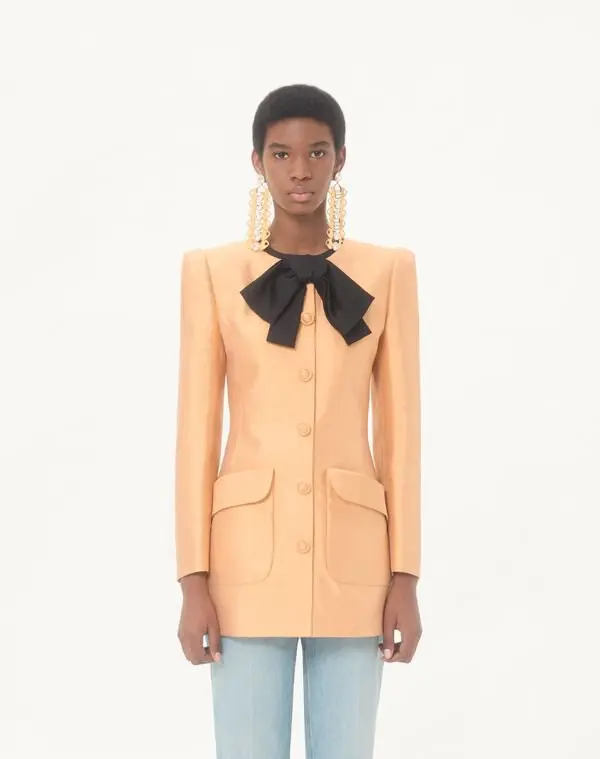 Valentino Garavani Shantung Caban Coat With Satin Edges - Melon/black