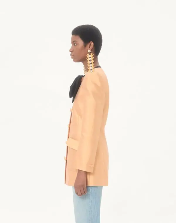 Valentino Garavani Shantung Caban Coat With Satin Edges - Melon/black