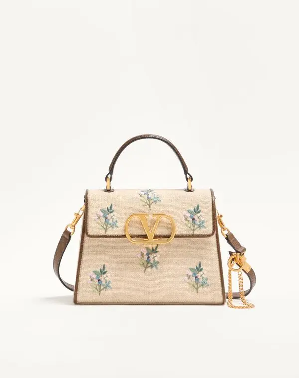Valentino Garavani Vsling Small Embroidered Linen Handbag - Natural/multicolour