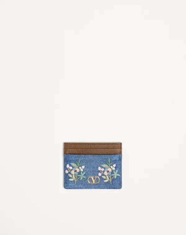 Valentino Garavani Vlogo Signature Card Holder In With Floral Embroidery - Denim