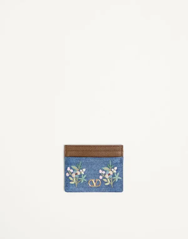 Valentino Garavani Vlogo Signature Card Holder In With Floral Embroidery - Denim