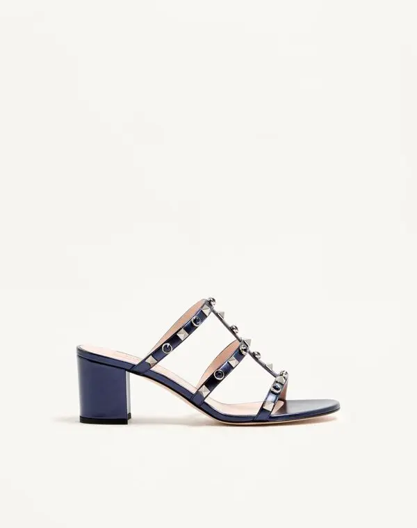 Valentino Garavani Rockstud Laminated Nappa Slide Sandal - Navy