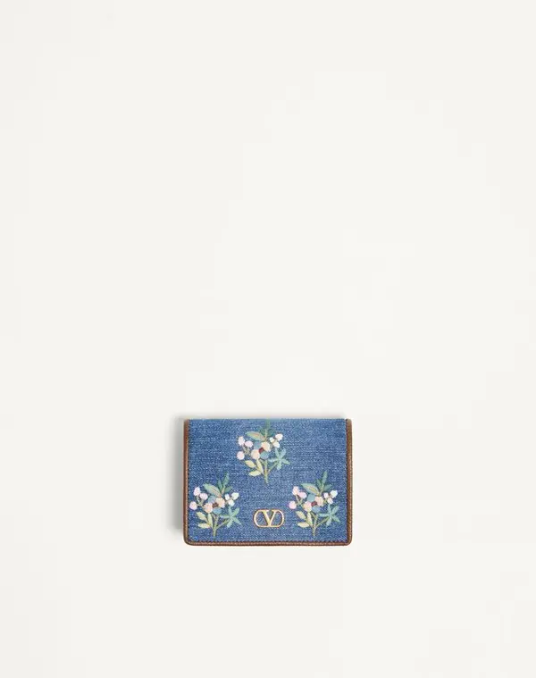 Valentino Garavani Vlogo Signature Wallet In With Floral Embroidery - Denim