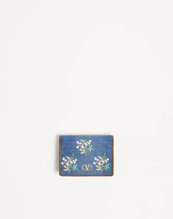 Valentino Garavani Vlogo Signature Wallet In With Floral Embroidery - Denim