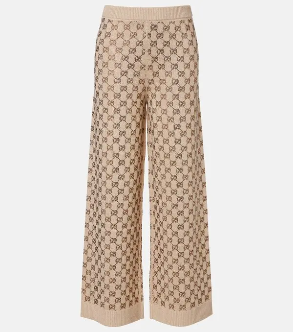 Gucci Gg Wool And Cashmere-blend Wide-leg Pants - Beige