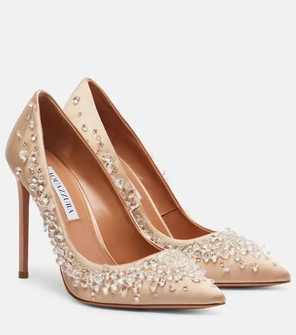 AQUAZZURA Constellation Embellished Satin Pumps - Beige