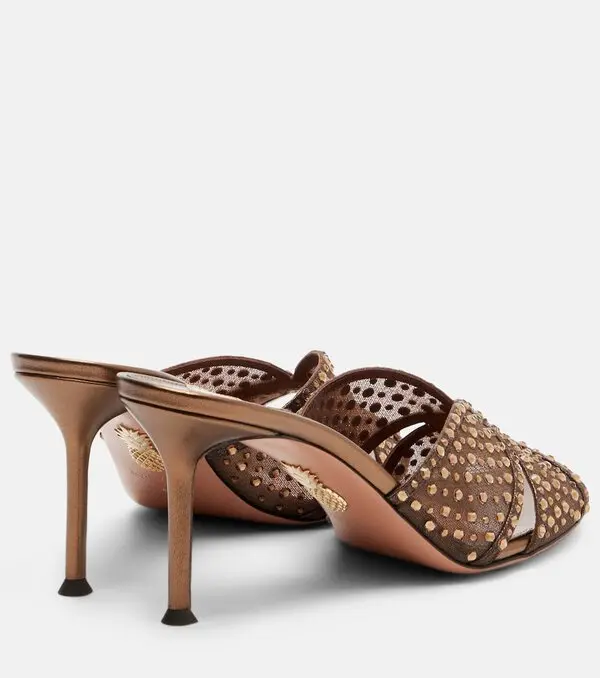 AQUAZZURA Crystal Lover Embellished Tulle Mules - Brown