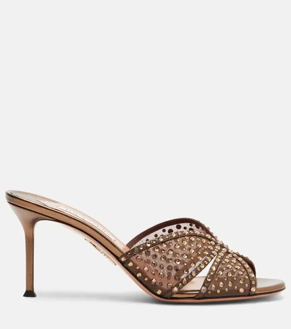 AQUAZZURA Crystal Lover Embellished Tulle Mules - Brown