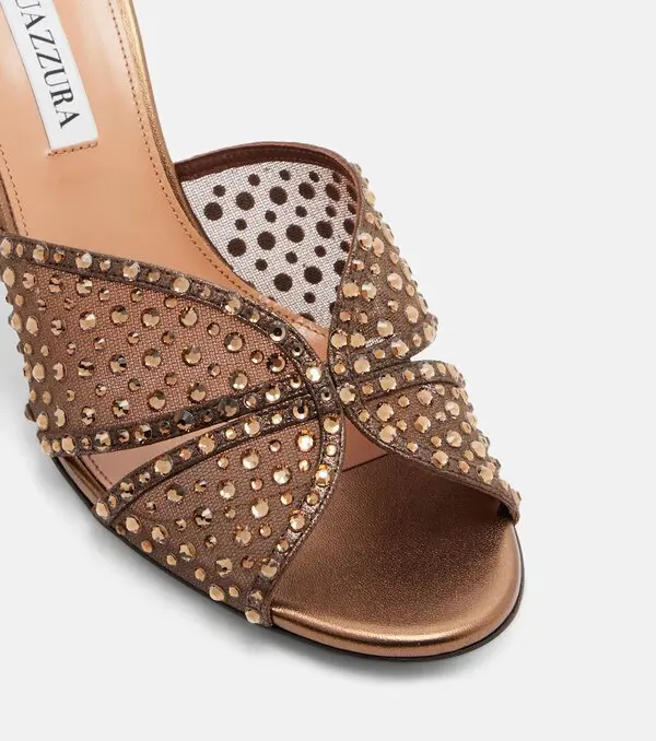 AQUAZZURA Crystal Lover Embellished Tulle Mules - Brown