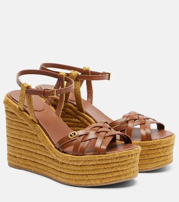 Valentino Garavani Bribri 120 Leather-trimmed Raffia Espadrille Wedges - Brown