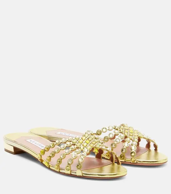 AQUAZZURA Tequila Embellished Leather Sandals - Yellow