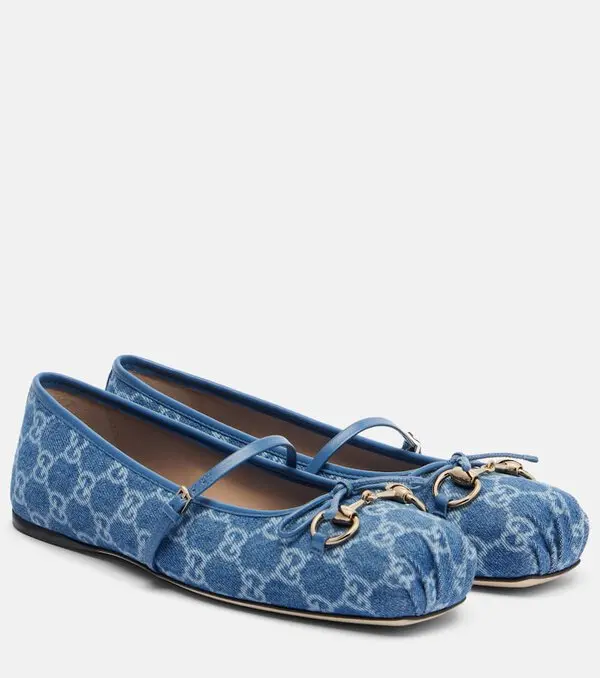Gucci Horsebit Gg Denim Ballet Flats - Blue